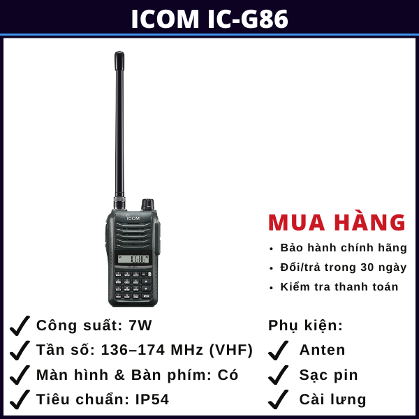 Bộ đàm Icom IC-G86 chính hãng – Công suất 7W, chuẩn quân đội