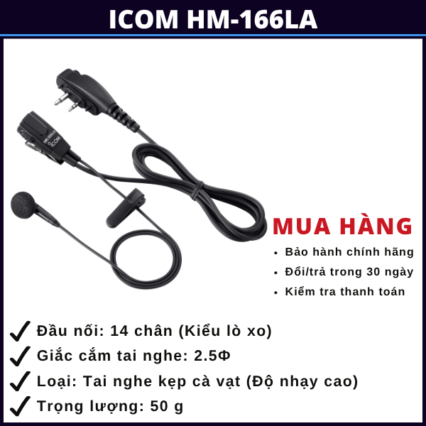 Icom HM-166LA – Tai nghe kèm micro PTT 2-pin, nhỏ gọn